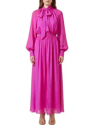 COLLINI MILANO 1937 Long Silk Chemisier Dress With Ethnic Print And Balloon Sleeves - Fuchsia