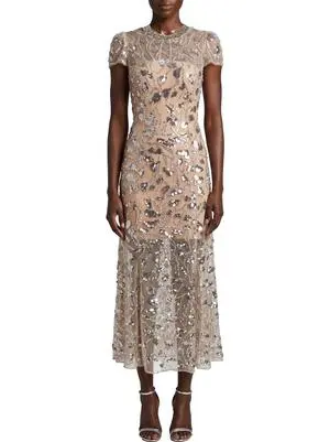 SELF-PORTRAIT Slim Fit Sequin-embroidered Midi Evening Dress - Silver