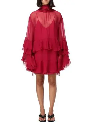 Chloé High-neck Silk Mini Dress With Long Sleeves And Ruffle Details - Red