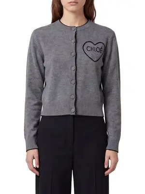 Chloé Jacquard Logo Wool And Cashmere Cardigan - Grey
