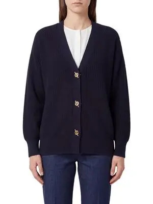Elisabetta Franchi Elisabetta Franchi V-Neck Viscose Blend Cardigan With Dropped Shoulders And Hook-and-Eye Closure Blue