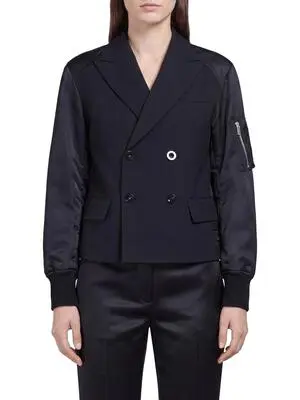 Sacai Slim Fit Double-breasted Short Coat In Wool With Nylon Inserts - Black