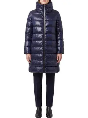 Herno Long Quilted Nylon Puffer Coat With High Neck And Down Padding - Navy
