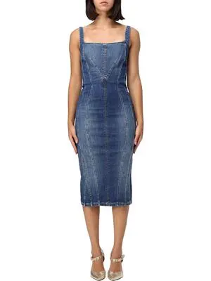 ELISABETTA FRANCHI Midi Sheath Dress In Cotton Denim With Square Neckline