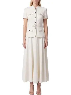 SELF-PORTRAIT Midi Chemisier Dress In Crêpe With Mandarin Collar And Bow - Yellow