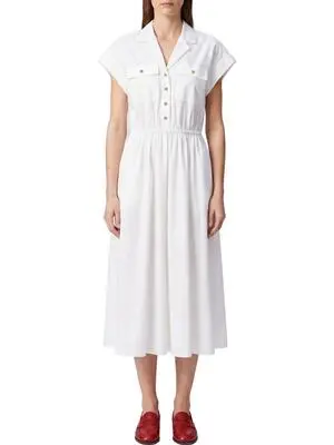 Tory Burch Midi Chemisier Dress In Cotton With Revere Collar And A-line Silhouette - White