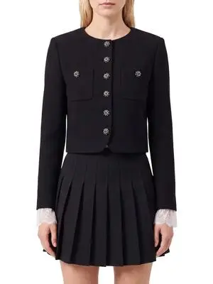 SELF-PORTRAIT Cropped Crew-neck Wool Blazer With Jewelled Buttons - Black
