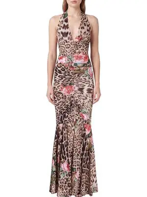 Roberto Cavalli Animal Print Jersey Long Sheath Dress With Halter Neck - Natural
