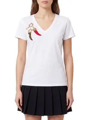 Liu Jo Slim Fit V-neck Cotton T-shirt With Rhinestone Embroidery - White
