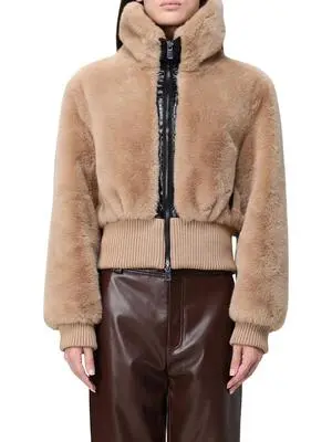 Pinko Faux Fur Zip-up Jacket With High Neck And Elasticated Cuffs - Beige