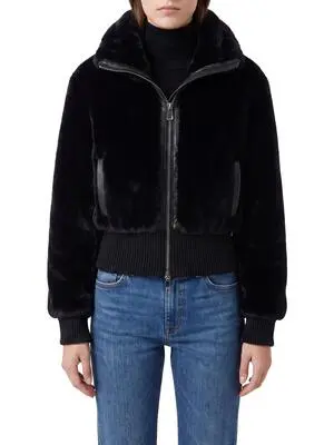 Pinko Faux Fur Zip-up Jacket With High Neck And Elasticated Cuffs Black