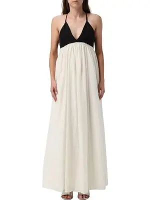 ELEH Abstract Print Cotton Muslin Maxi Dress With Halter Neck And Thin Straps - White
