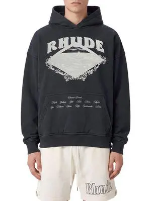 Rhude Relaxed Fit Graphic Logo Print Cotton Hoodie - Black