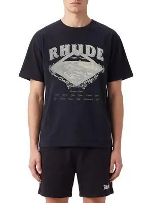 Rhude Regular Fit Crewneck Cotton Logo Print T-shirt With Dropped Shoulders Black