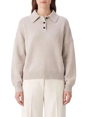 LISA YANG Lisa Yang Pure Cashmere Relaxed Fit Long Sleeve Knitted Polo Beige