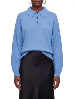 LISA YANG Lisa Yang Pure Cashmere Relaxed Fit Long Sleeve Knitted Polo Blue