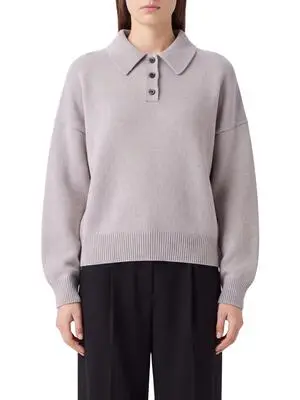 LISA YANG Lisa Yang Pure Cashmere Relaxed Fit Long Sleeve Knitted Polo Gnawed Blue