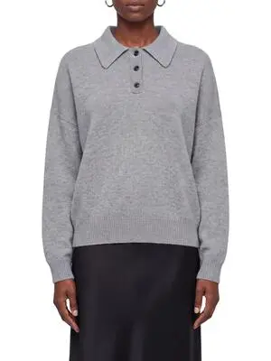 LISA YANG Lisa Yang Pure Cashmere Relaxed Fit Long Sleeve Knitted Polo Grey