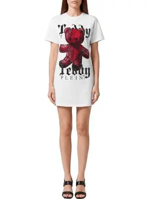Philipp Plein Slim Fit Teddy Bear Print T-shirt Mini Dress With Rhinestones - White