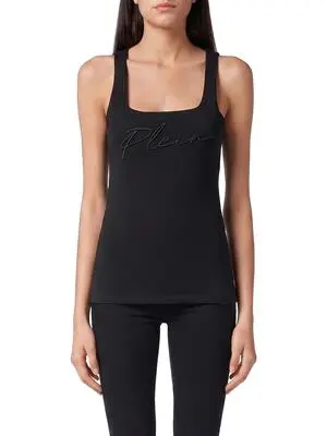 Philipp Plein Philipp Plein Slim Fit Square Neck Jersey Tank Top With Embroidered Logo Black