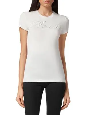 Philipp Plein Slim Fit Jersey Crewneck T-shirt With Tone-on-tone Embroidered Logo Ivory
