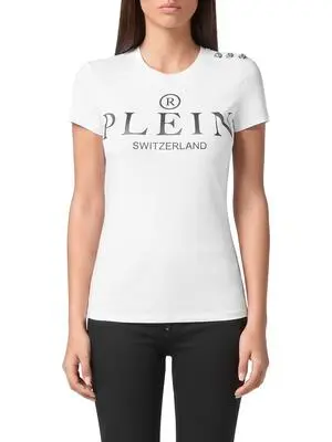 Philipp Plein Slim Fit Jersey Crewneck T-shirt With Contrast Logo And Epaulettes - White