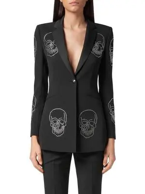 Philipp Plein Slim Fit Single-breasted Cropped Crêpe Blazer With Skull Print And Rhinestones - Black