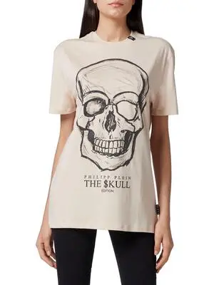 Philipp Plein Skull Jersey T-shirt With Contrast Logo Print - Beige