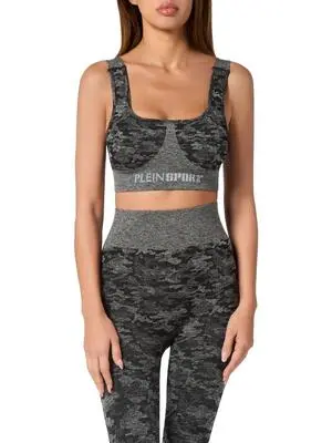 PLEIN SPORT Camouflage Print Cropped Jersey Sports Top With Thin Straps - Black