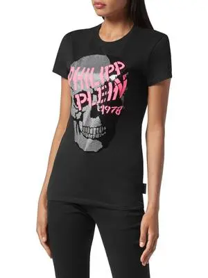 Philipp Plein Slim Fit Jersey T-shirt With Rhinestone Skull Print - Black