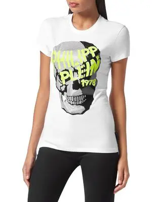 Philipp Plein Slim Fit Jersey T-shirt With Rhinestone Skull Print - White
