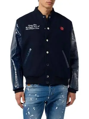 Philipp Plein Wool Cloth Varsity Bomber Jacket With Calfskin Leather Sleeves - Blue