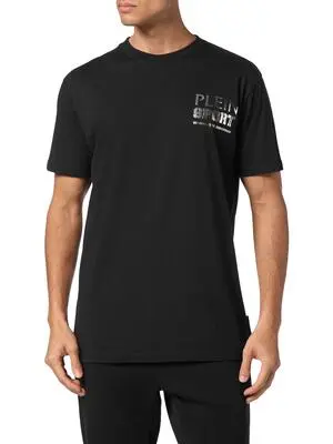 PLEIN SPORT Jersey T-shirt With Graphic Print And Laminated Contrast Logo - Black