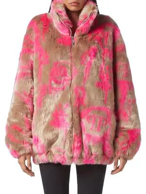 Philipp Plein Graphic Print Cropped Faux Fur Jacket With High Neck - Beige