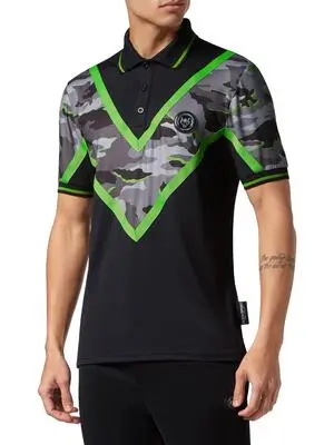 PLEIN SPORT Camouflage And Chevron Print Jersey Polo Shirt - Black