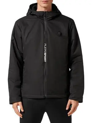 PLEIN SPORT Hooded Technical Fabric Windbreaker Jacket With Logo - Black