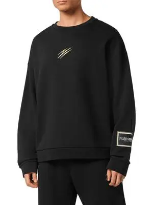 PLEIN SPORT Crewneck Cotton Sweatshirt With Laminated Logo Detail - Black