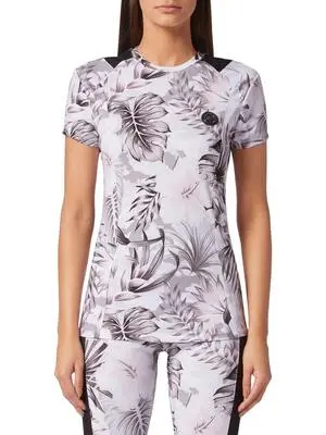 PLEIN SPORT Slim Fit Jersey T-shirt With Floral Print And Back Logo - Multicolor