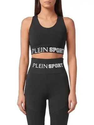 PLEIN SPORT Cropped Jersey Sports Top With Square Neckline And Jacquard Logo Band - Black