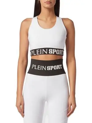 PLEIN SPORT Cropped Jersey Sports Top With Square Neckline And Jacquard Logo Band - White
