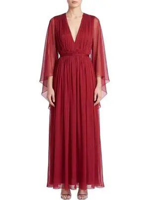 ALBERTA FERRETTI Long Silk Evening Gown With V-neck And Long Sleeves