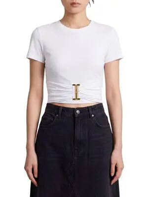 Elisabetta Franchi Cropped Cotton T-shirt With Metal Logo Plaque - White
