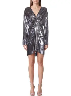 COLLINI MILANO 1937 Clarisse Lamé Jersey Mini Sheath Dress With V-neck - Silver