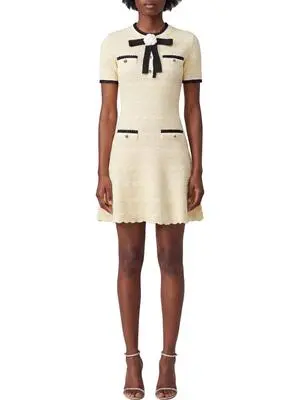SELF-PORTRAIT Cotton-knit Sheath Mini Dress With Bow Detail - Yellow
