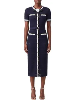 SELF-PORTRAIT Slim Fit Mini Knit Dress In Cotton Blend With Bow And Belt - Blue