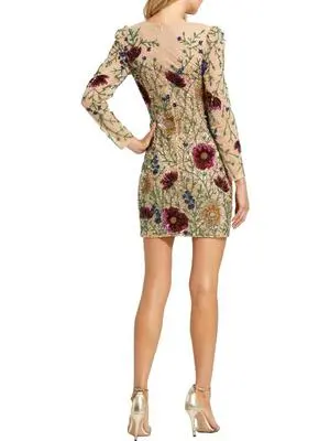 Mac Duggal Long Sleeve Sheer Bustier Floral Embroidered Dress - Nude Multi
