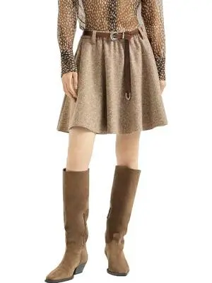 Brunello Cucinelli Virgin Wool Donegal Mini Circle Skirt With Monili - Pine Cone Brown