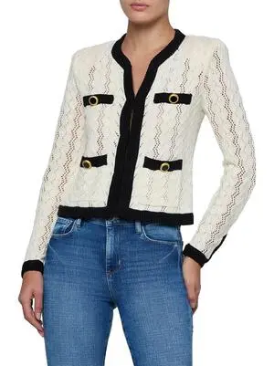 L'Agence Zephyra Pointelle Open Front Cardigan With Goldtone Button Detailing - Ivory/black