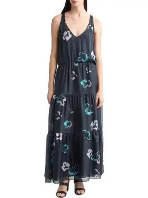 Emporio Armani Silk Tiered Midi Dress - Navy