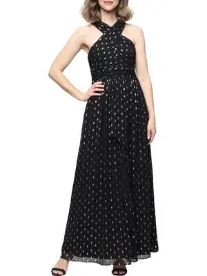 SL FASHIONS Foil Printed Chiffon Halter Maxi Dress - Black
